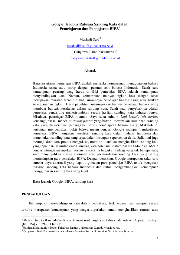 Google: Korpus Raksasa Sanding Kata dalam Pemelajaran dan Pengajaran BIPA