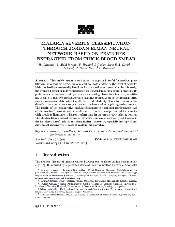 (PDF) MALARIA SEVERITY CLASSIFICATION THROUGH JORDAN-ELMAN NEURAL ...