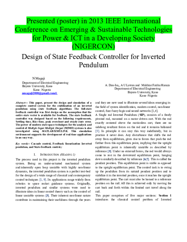 Doc Design Of State Feedback Controller For Inverted Pendulum