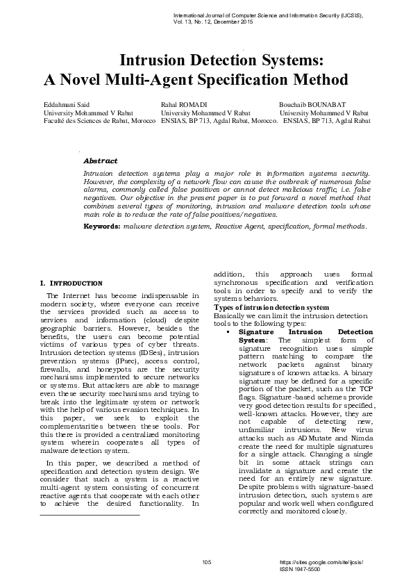 (PDF) Intrusion Detection Systems: A Novel Multi-Agent Specification Method