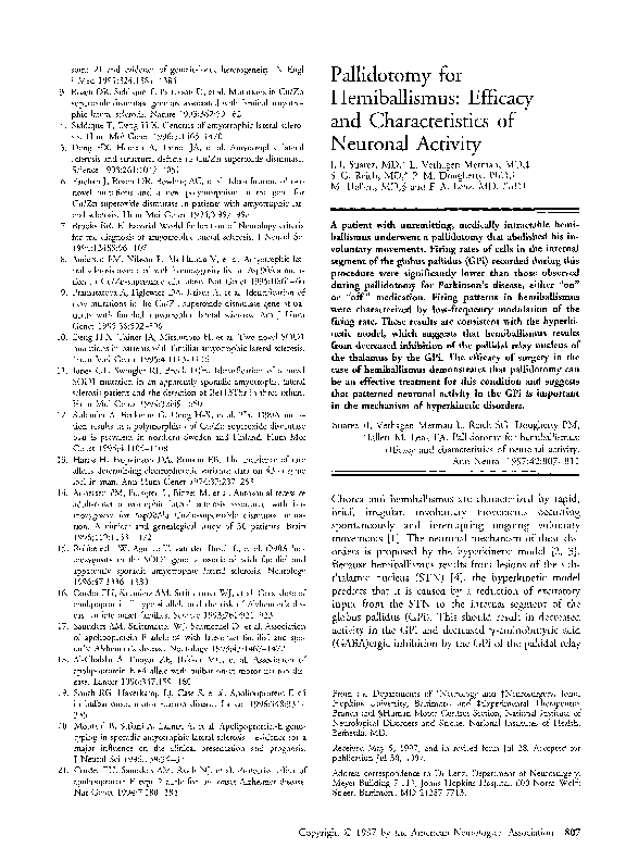 (PDF) Pallidotomy for hemiballismus: Efficacy and characteristics of ...