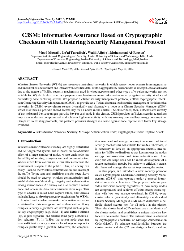 (PDF) C3SM: Information Assurance Based on Cryptographic Checksum with Clustering Security ...