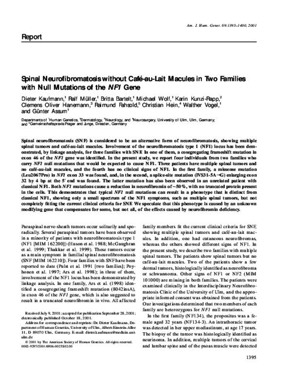 (PDF) Spinal Neurofibromatosis without Café-au-Lait Macules in Two Families with Null Mutations ...