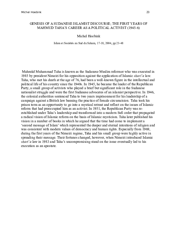 (DOC) "Genesis of a Sudanese Islamist Discourse; the First Years of ...