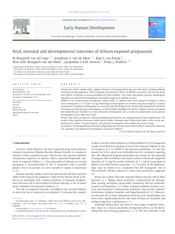 (PDF) Fetal, neonatal and developmental outcomes of lithium-exposed ...