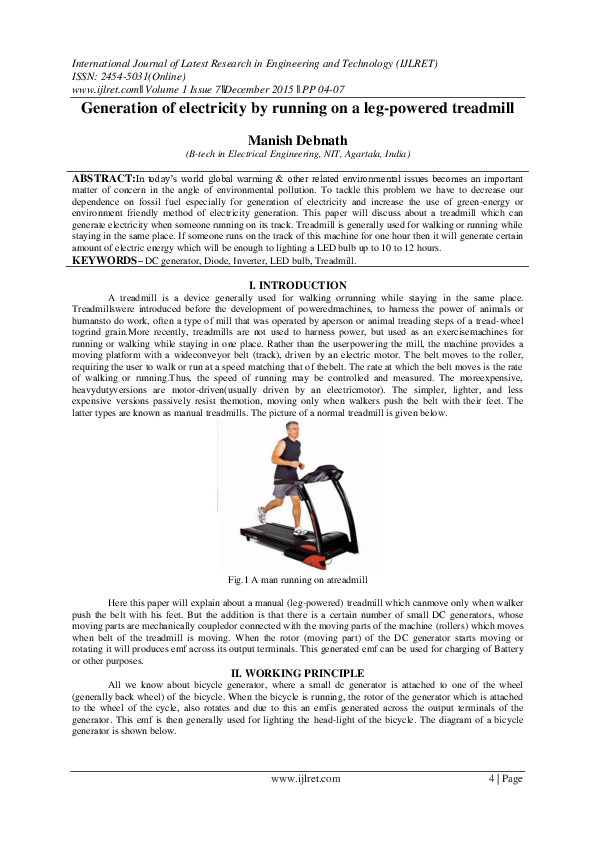 (PDF) Generation of electricity by running on a leg-powered treadmill