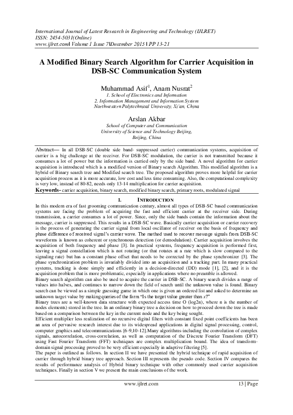 (PDF) A Modified Binary Search Algorithm for Carrier Acquisition in DSB-SC Communication System