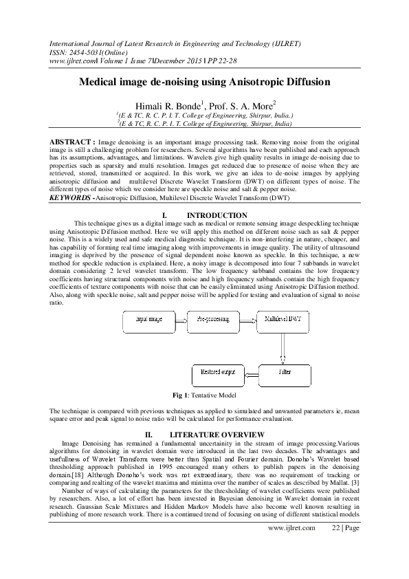 (PDF) Medical image de-noising using Anisotropic Diffusion