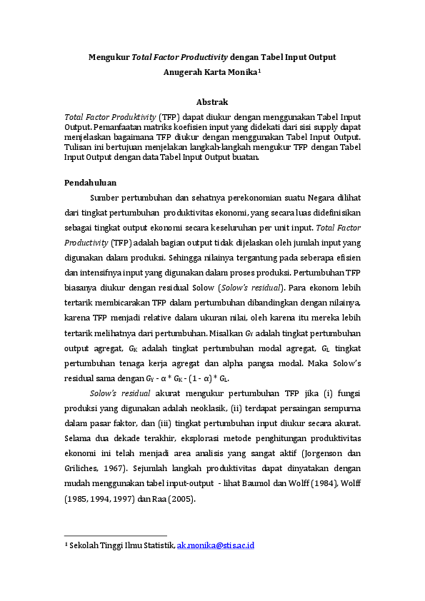 (PDF) Mengukur Total Factor Productivity dengan Tabel Input Output