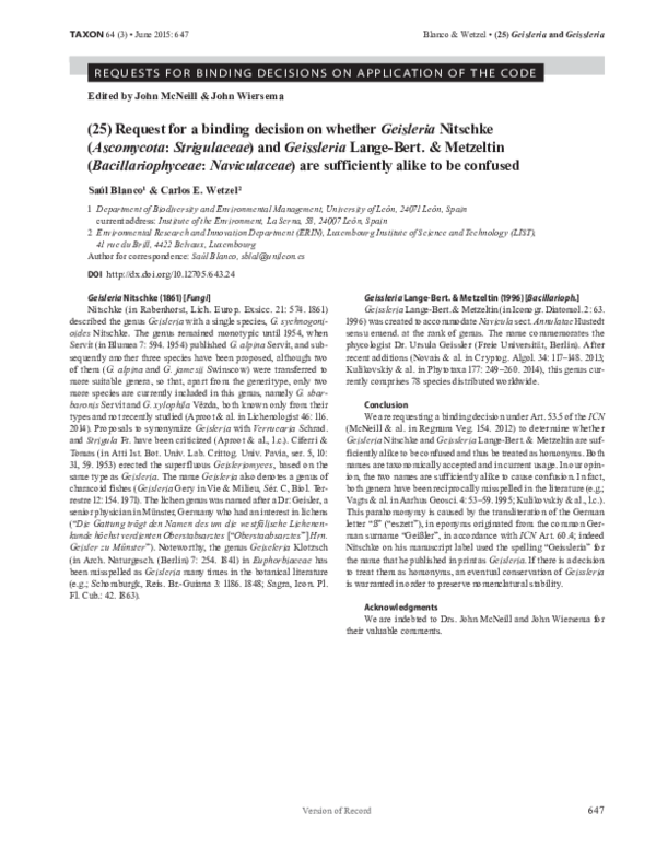 (PDF) (25) Request for a binding decision on whether Geisleria Nitschke ...