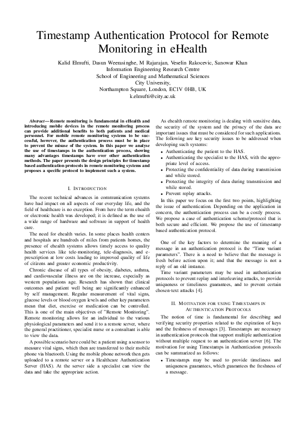 (PDF) Timestamp authentication protocol for remote monitoring in eHealth