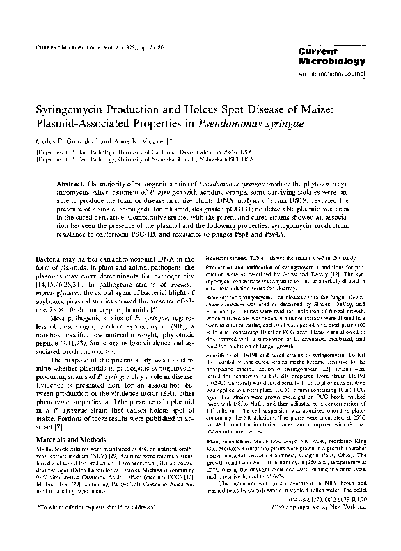 (PDF) Plasmid Role in Syringomycin Production by Pseudomonas syringae