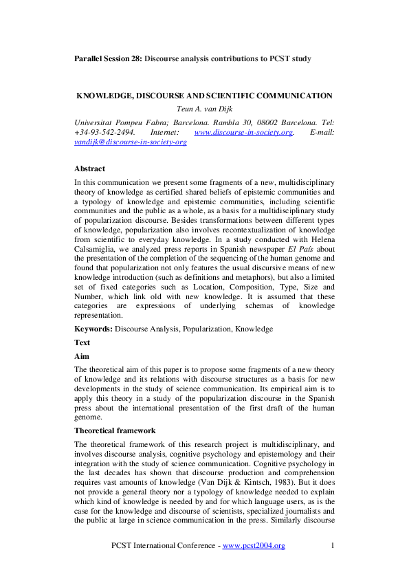 (PDF) KNOWLEDGE, DISCOURSE AND SCIENTIFIC COMMUNICATION