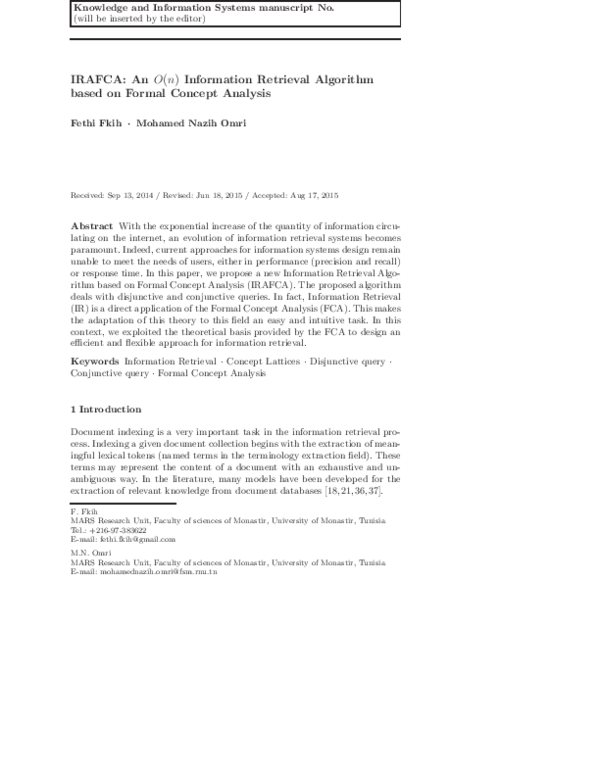 Pdf Irafca An On Information Retrieval Algorithm Based On Formal Concept Analysis Mohamed