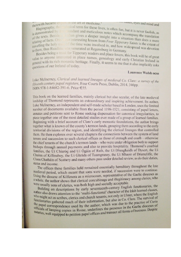 (DOC) Review of Luke McInerney's 'Clerical and Learned Lineages of medieval Co. Clare' (Dublin ...