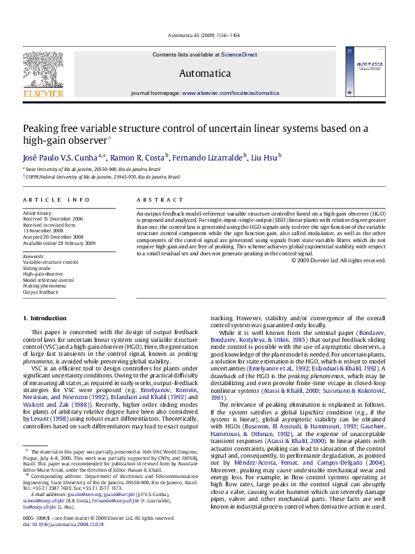 Pdf Peaking Free Variable Structure Control Of Uncertain Linear Systems Based On A High Gain