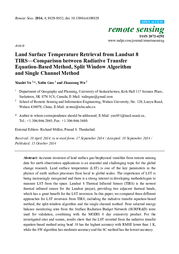 Pdf Land Surface Temperature Retrieval From Landsat 8 Tirs—comparison Between Radiative