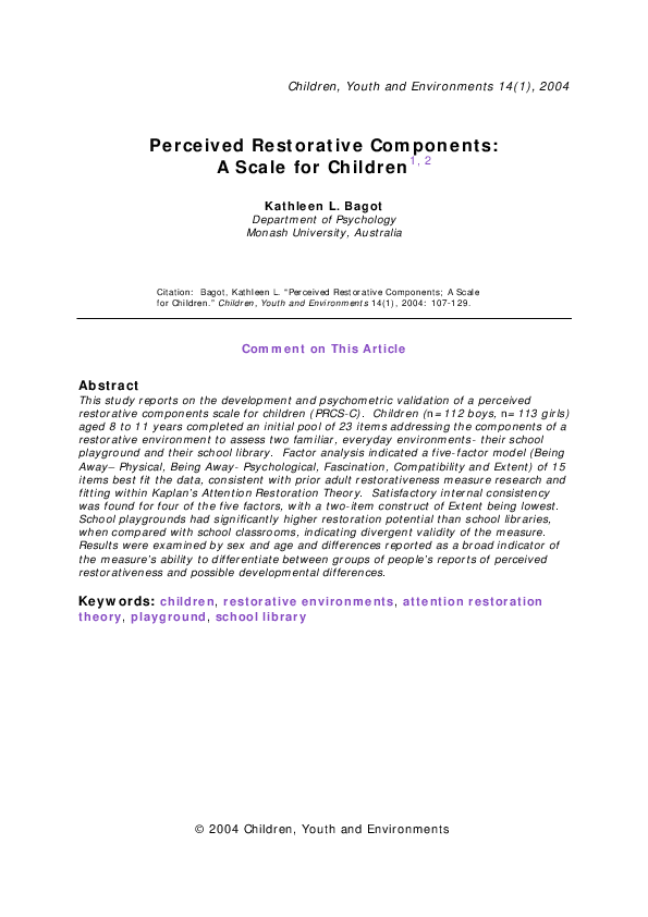 (PDF) Perceived Restorative Components: A scale for children