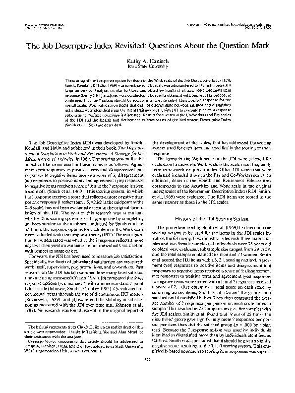 (PDF) Hanisch The Job Descriptive Index Revisited Questions About the ...