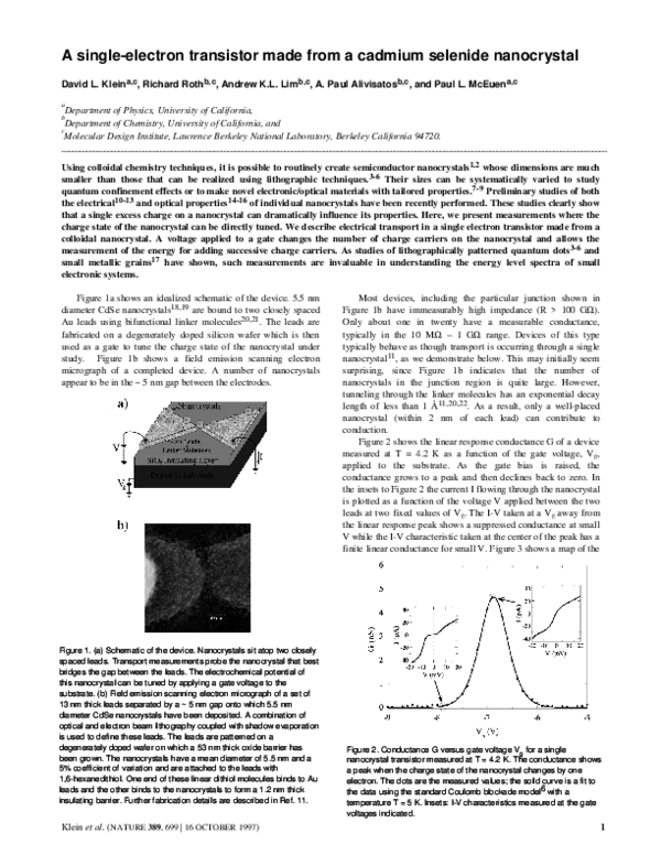 (PDF) A single-electron transistor made from a cadmium selenide nanocrystal