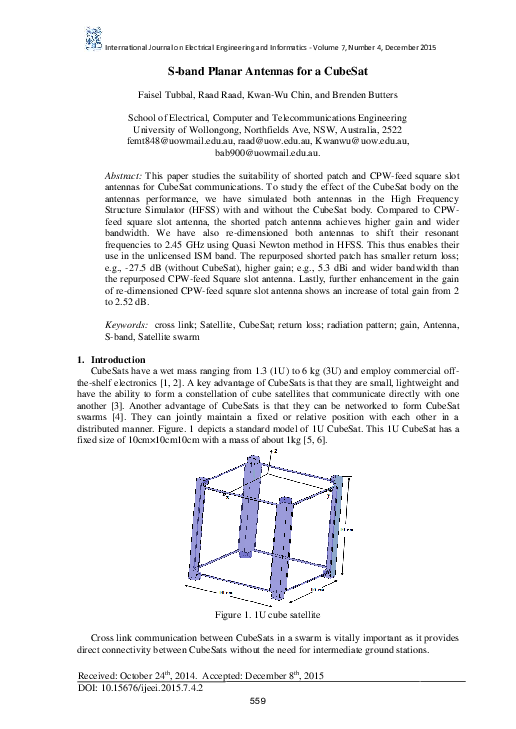 (PDF) S-band Planar Antennas for a CubeSat