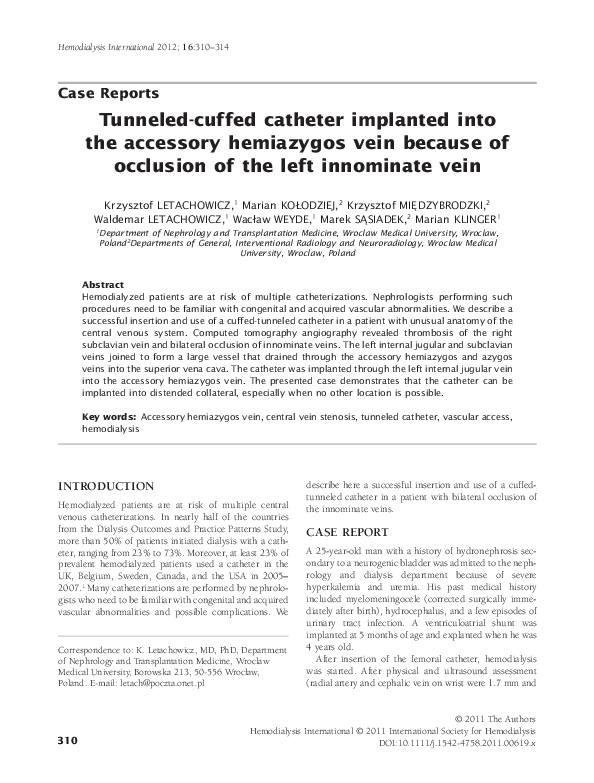 (PDF) Tunneled-cuffed catheter implanted into the accessory hemiazygos ...