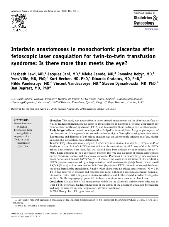 (PDF) Intertwin anastomoses in monochorionic placentas after fetoscopic ...