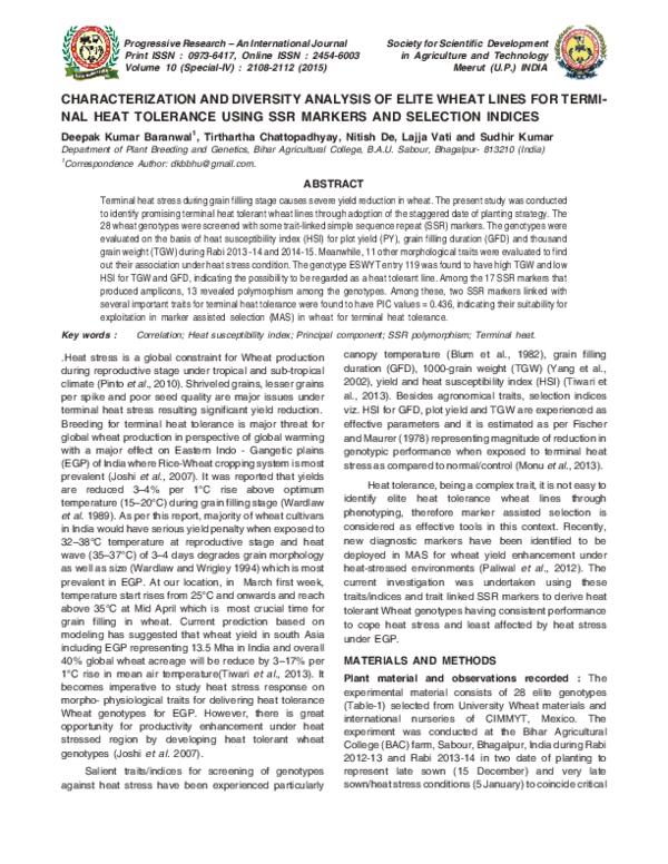 (PDF) CHARACTERIZATION AND DIVERSITY ANALYSIS OF ELITE WHEAT LINES FOR TERMINAL HEAT TOLERANCE ...