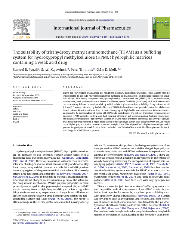 (PDF) The suitability of tris(hydroxylmethyl) aminomethane (THAM) as a ...