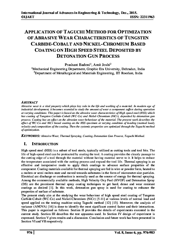 (PDF) Application of Taguchi Method for optimization of abrasive wear characteristics of ...