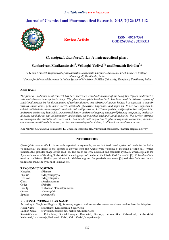 Caesalpinia bonducella L.: A nutraceutical plant