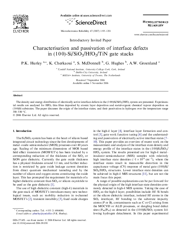 Pdf Characterisation And Passivation Of Interface Defects In 100 Sisio2hfo2tin Gate Stacks