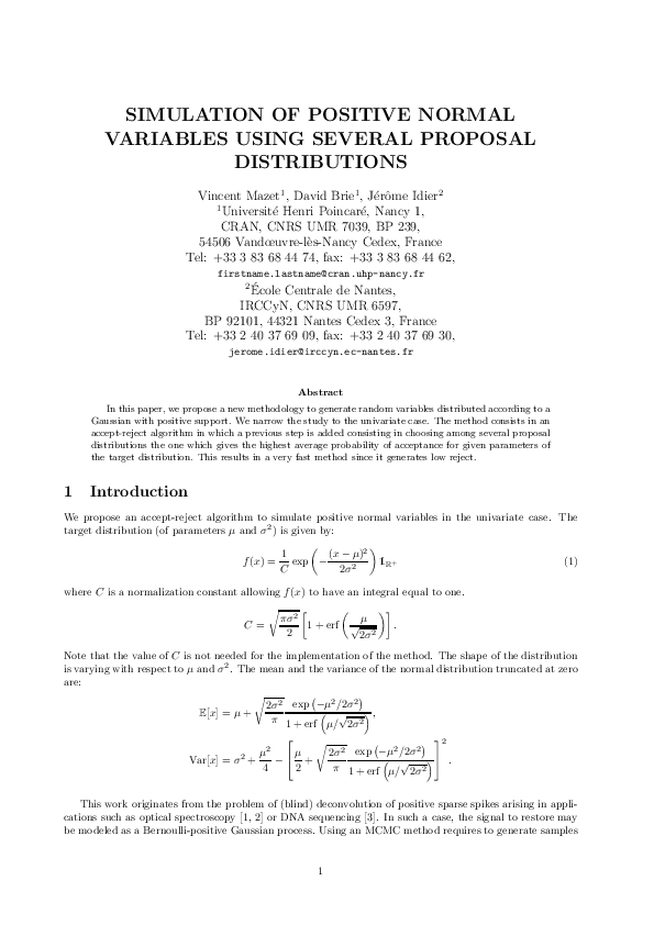 (PDF) Simulation of postive normal variables using several proposal distributions