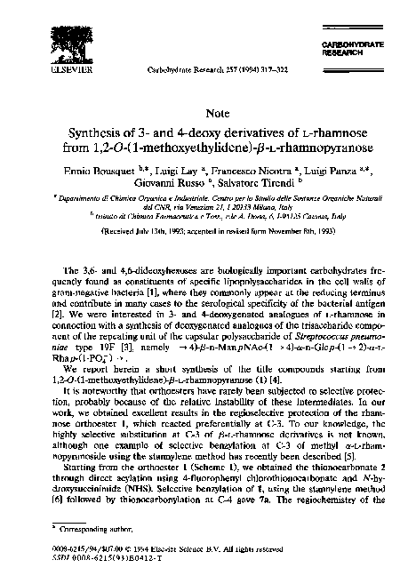 (PDF) Synthesis of 3- and 4-deoxy derivatives of L-rhamnose from 1,2-O ...