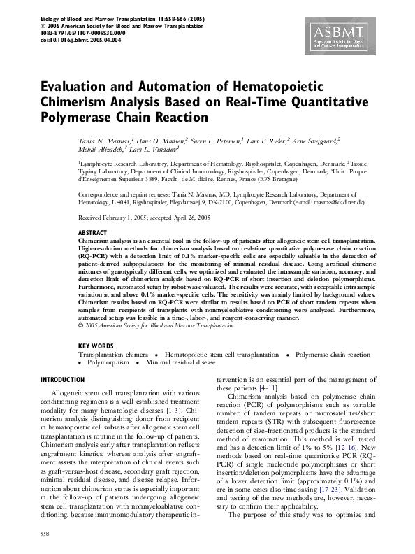 Evaluation and Automation of Hematopoietic Chimerism Analysis Based on Real-Time Quantitative ...