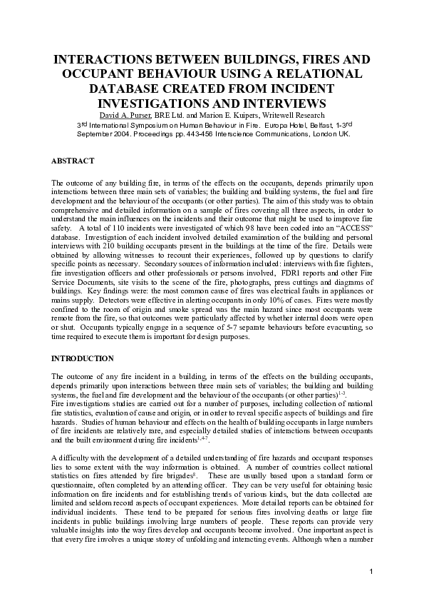 (PDF) INTERACTIONS BETWEEN BUILDINGS, FIRES AND OCCUPANT BEHAVIOUR USING A RELATIONAL DATABASE ...