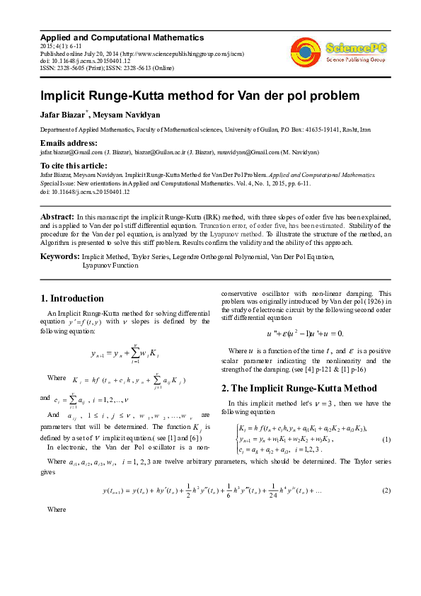 (PDF) Implicit Runge-Kutta method for Van der pol problem