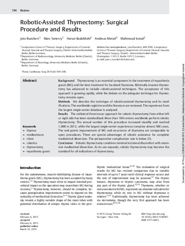 (PDF) Robotic-Assisted Thymectomy: Surgical Procedure and Results