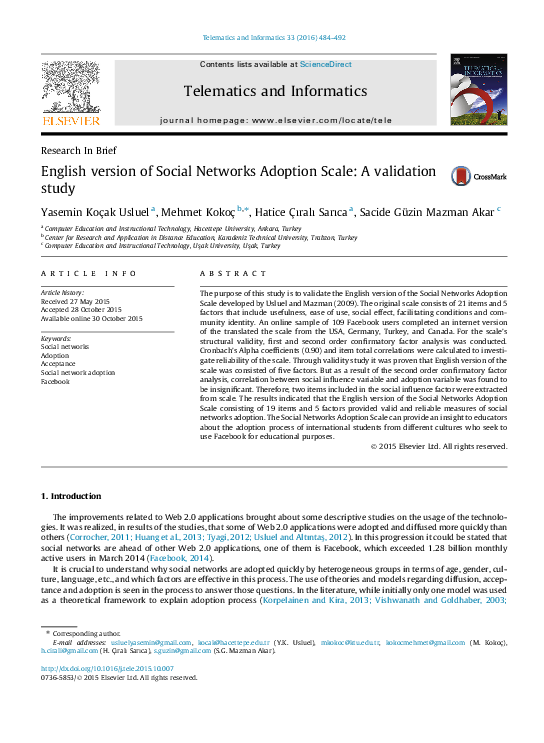 (PDF) English version of Social Networks Adoption Scale: A validation study