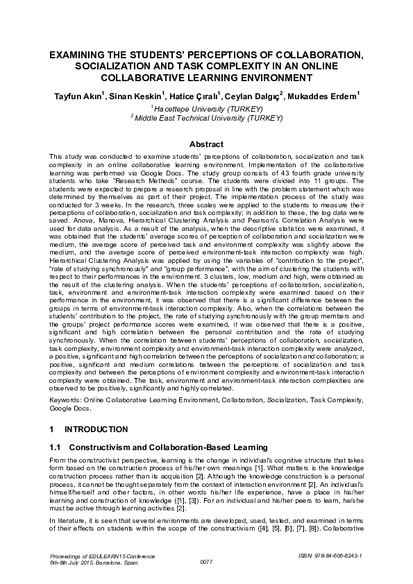 (PDF) EXAMINING THE STUDENTS’ PERCEPTIONS OF COLLABORATION, SOCIALIZATION AND TASK COMPLEXITY IN ...