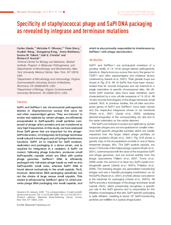 (PDF) Specificity of staphylococcal phage and SaPI DNA packaging as ...