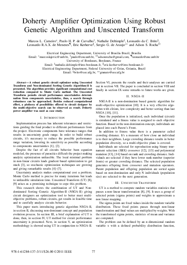 (PDF) Doherty amplifier optimization using robust genetic algorithm and Unscented Transform