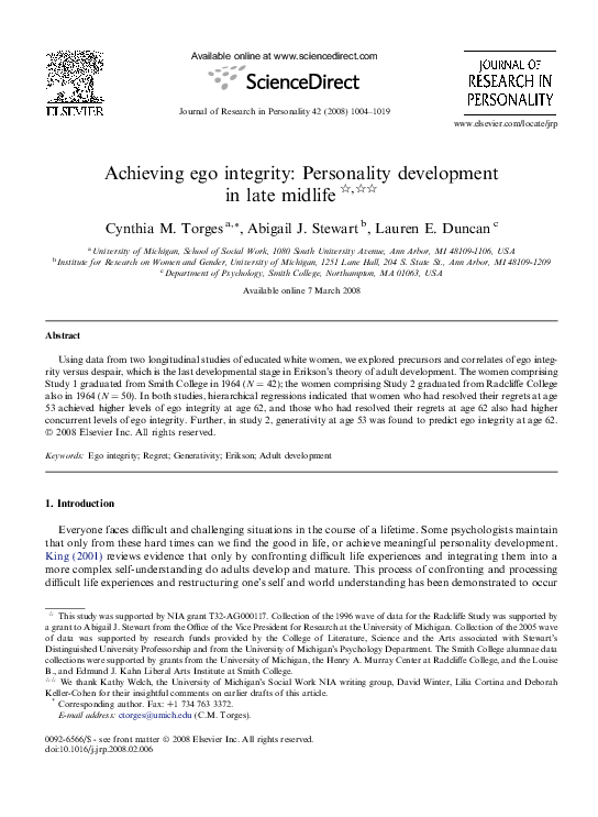 (PDF) Achieving ego integrity: Personality development in late midlife