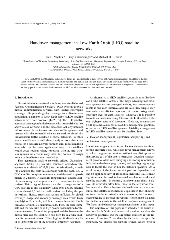 (PDF) Handover management in low earth orbit (LEO) satellite networks