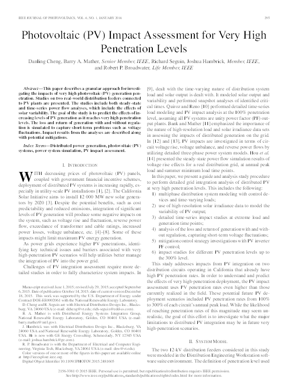 (PDF) Photovoltaic (PV) Impact Assessment for Very High Penetration Levels