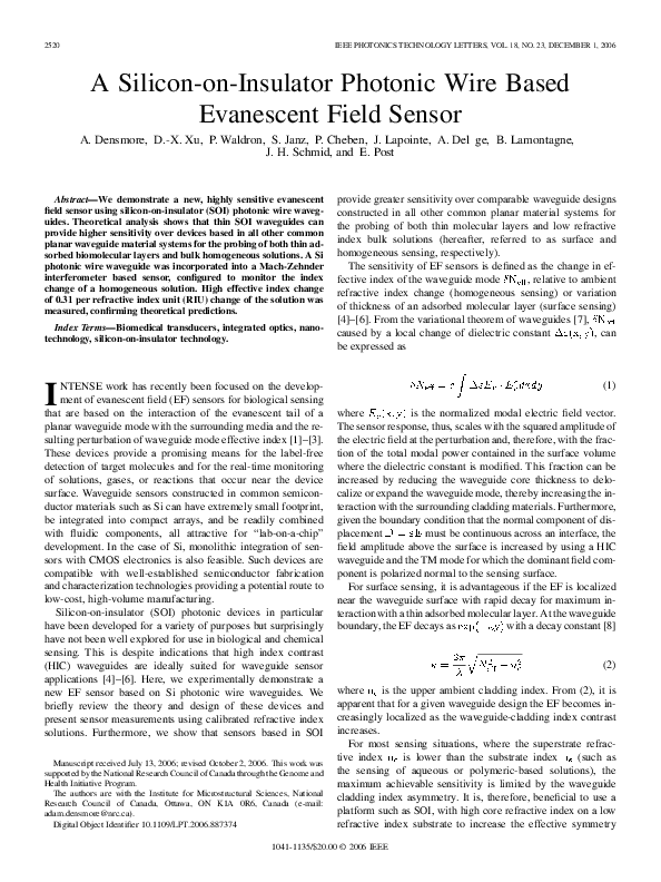 (PDF) A Silicon-on-Insulator Photonic Wire Based Evanescent Field Sensor