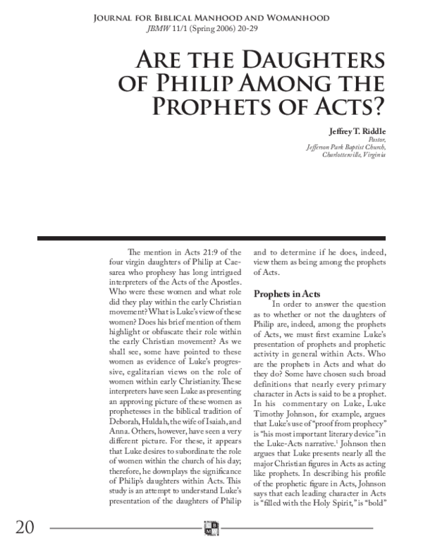 (PDF) Are the Daughters of Philip Among the Prophets of Acts? JBMW Vol ...