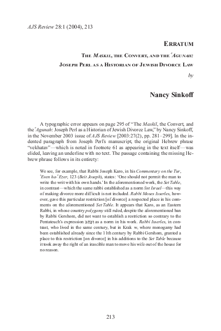(PDF) The Maskil, The Convert, and the Agunah: Joseph Perl as a ...