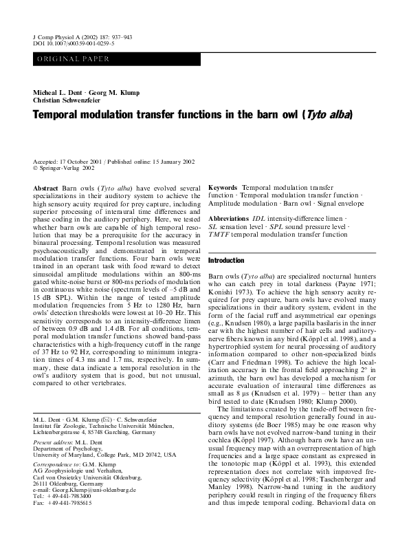 (PDF) Temporal modulation transfer functions in the barn owl ( Tyto alba )