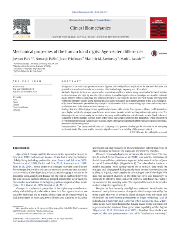 (PDF) Mechanical properties of the human hand digits: Age-related ...